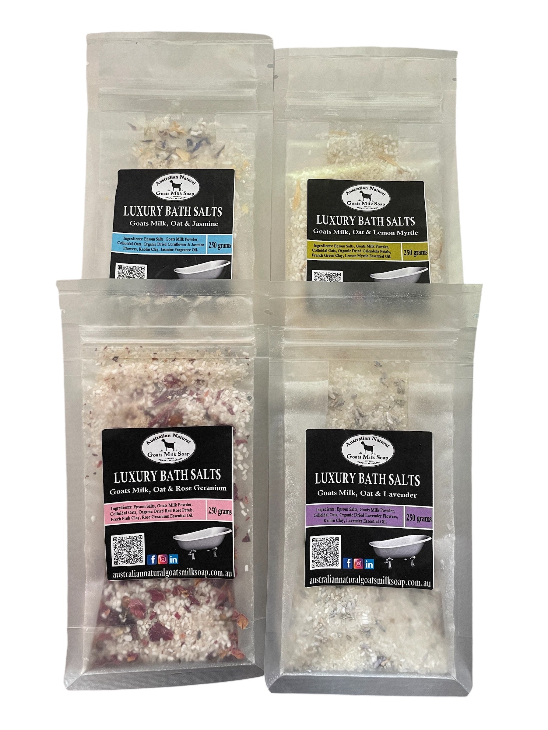 Goats Milk Bath Salts with Colloidal Oats - 250 gram Resealable Standu ...